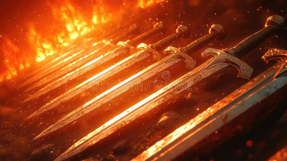 Multiple Swords Laying on a Fiery Background Stock Image - Image of ...