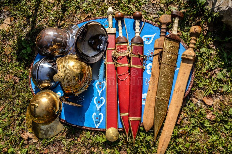 Swords and Helmets of Roman Legionar Stock Photo - Image of discovery ...