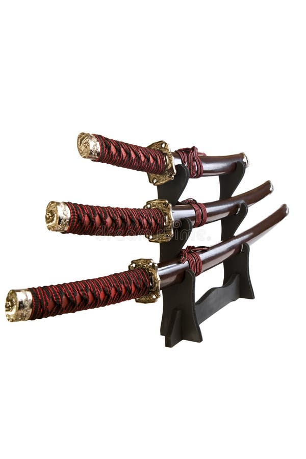 Three Samurai Swords Hang on White Wall Stock Image - Image of indoors ...
