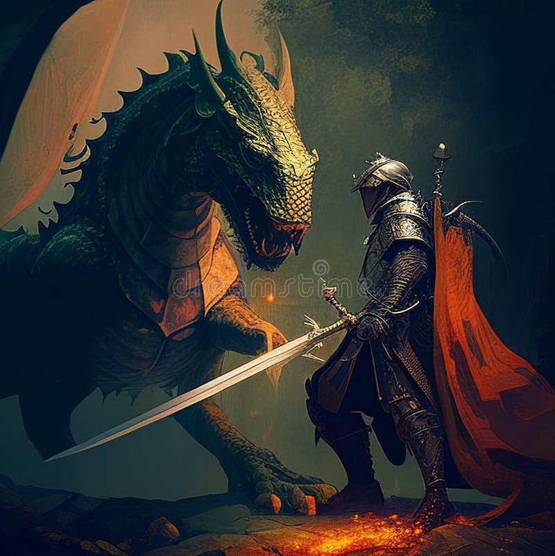 A Swordsman and a Great Dragon Stock Illustration - Illustration of ...