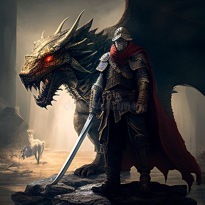 A Swordsman and a Great Dragon Stock Illustration - Illustration of ...