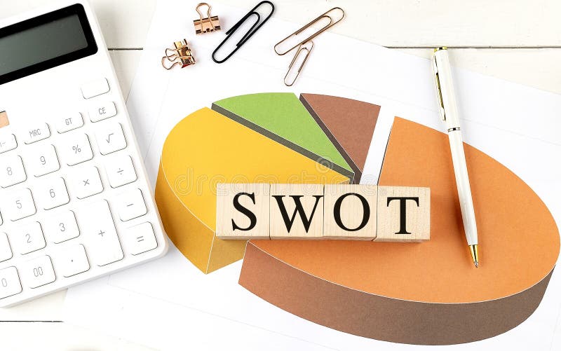 SWOT Analysis Concept with Wooden Blocks, Pie Chart, and Calculator on ...