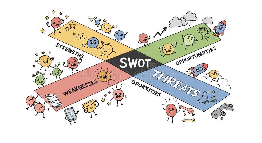 SWOT Analysis Diagram with Four Colored Sections: Red for "Weaknesses ...