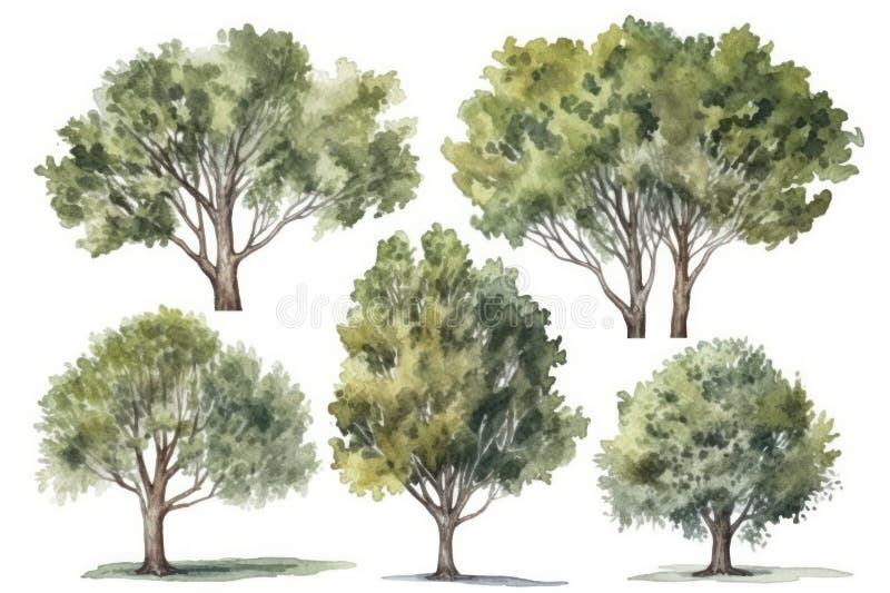 Sycamore Tree Forest Collection: Hand-Drawn Watercolor Trees . Stock ...