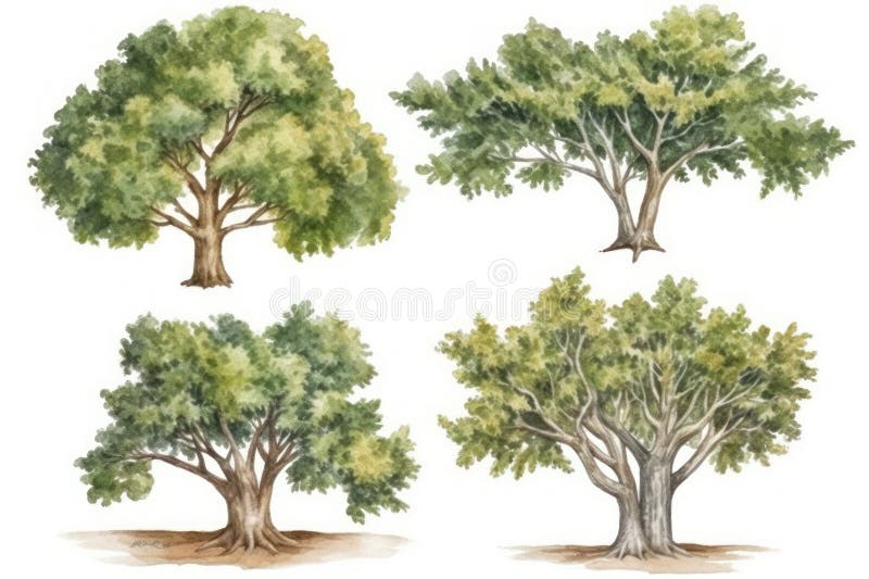Sycamore Tree Forest Collection: Hand-Drawn Watercolor Trees . Stock ...