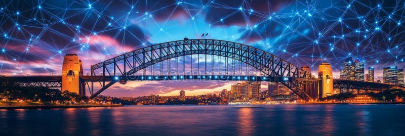 Sydney Harbour Bridge Illuminated at Night, with Network Overlay ...