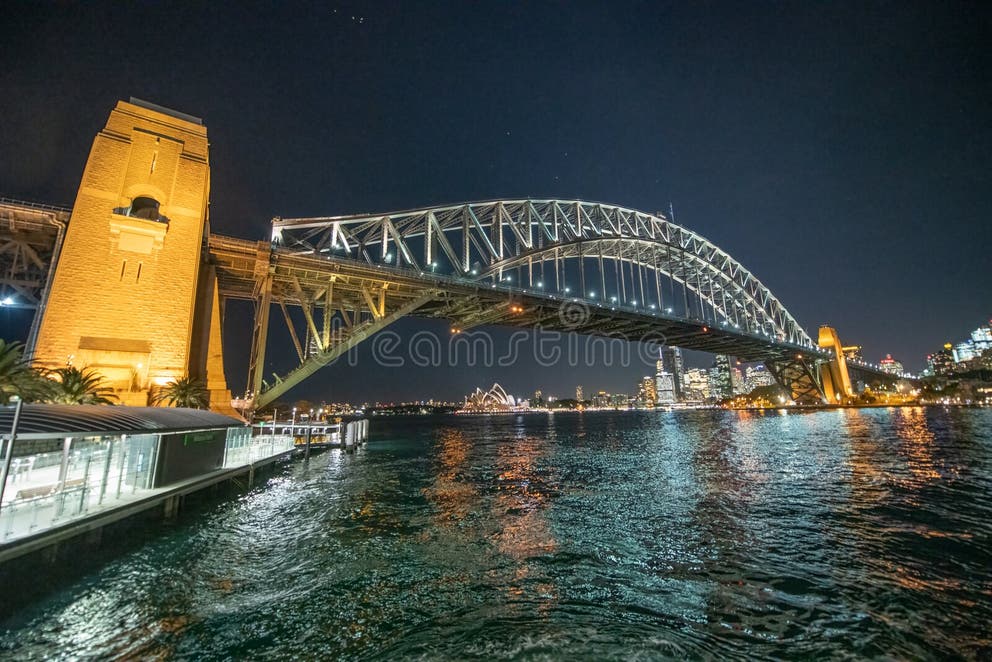 Sydney Harbour Bridge at Night with Water Reflections Stock Image ...