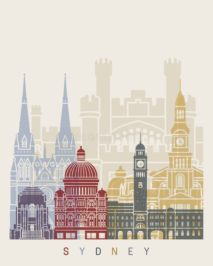 Sydney V3 skyline poster stock vector. Illustration of monuments - 95822534