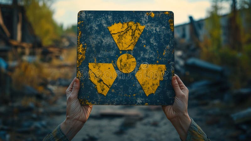 Symbol of Caution Held by a Person Amidst a Desolate Landscape in a ...