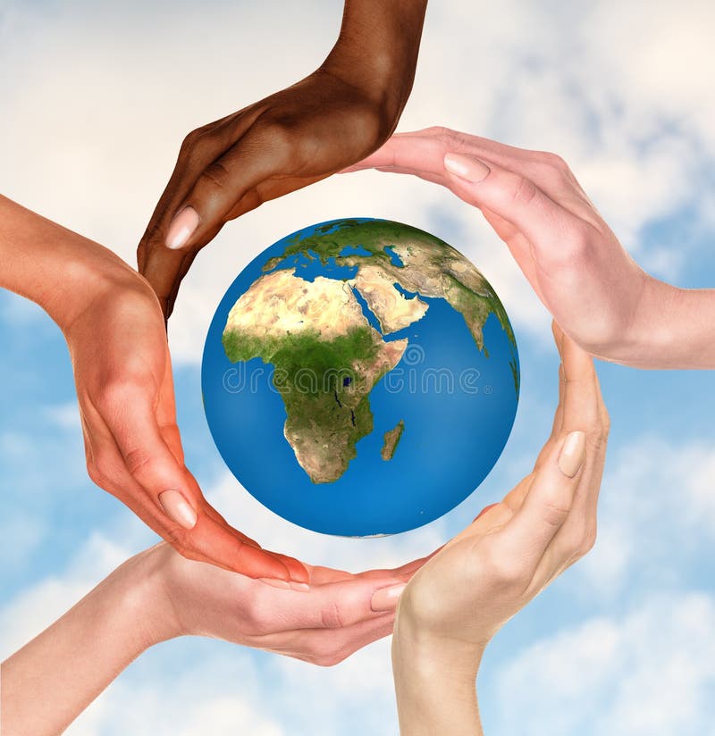 Conceptual Symbol of Earth Globe with Multiracial Human Hands Around it ...