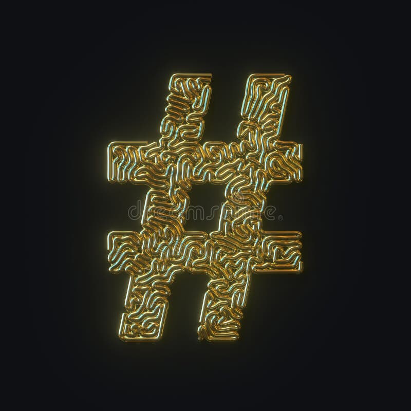 High Resolution Hashtag Symbol Formed of Gold Bent Wire. 3D Rendering ...