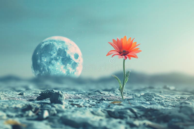Symbol of Hope, Flower on Desolate Moon, Clear Sky Backdrop Stock ...
