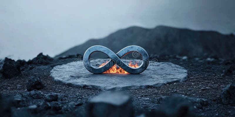 Symbol of Infinity with Flames on Rocky Terrain at Dusk Stock ...