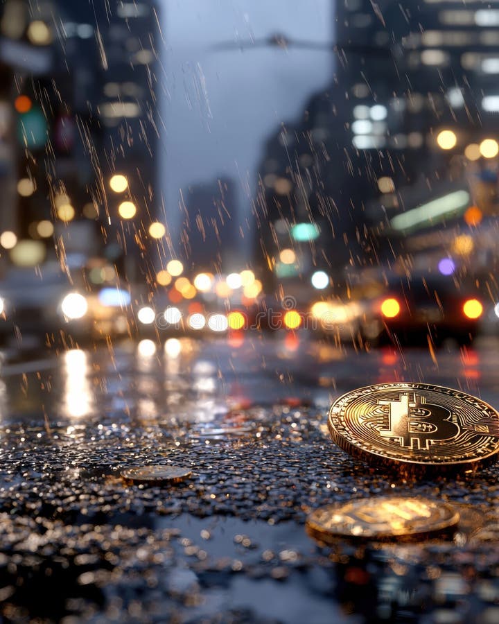 Symbol of Modern Wealth a Bitcoin Resting on a Reflective Wet Surface ...