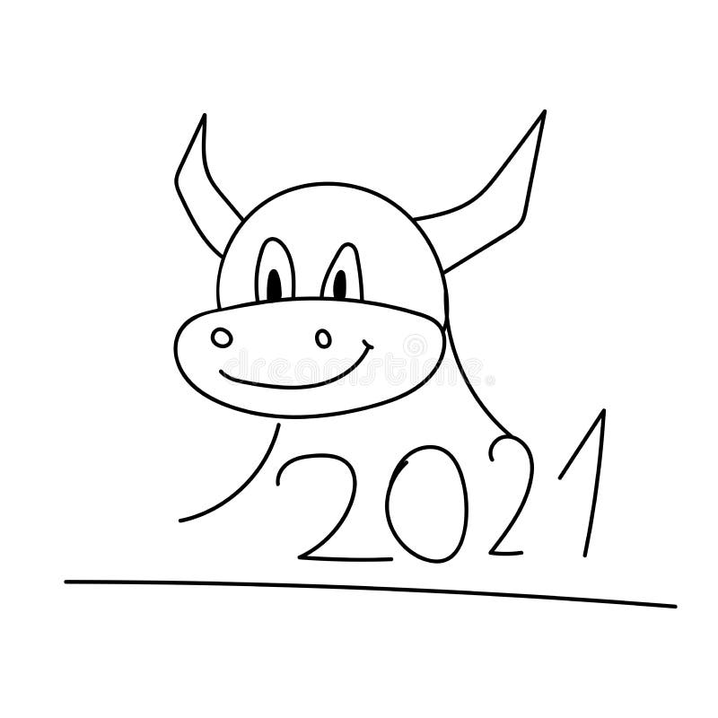 Symbol of the New Year 2021. Bull. Doodle Drawing. Vector Black and ...
