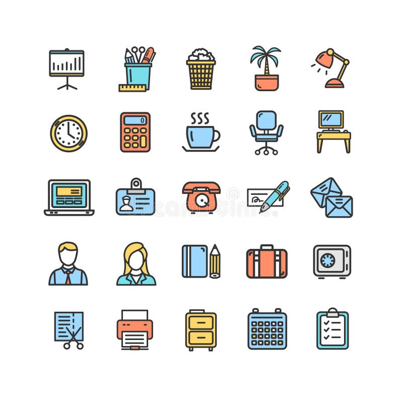 Symbol Office Work Color Thin Line Icon Set. Vector Stock Vector ...