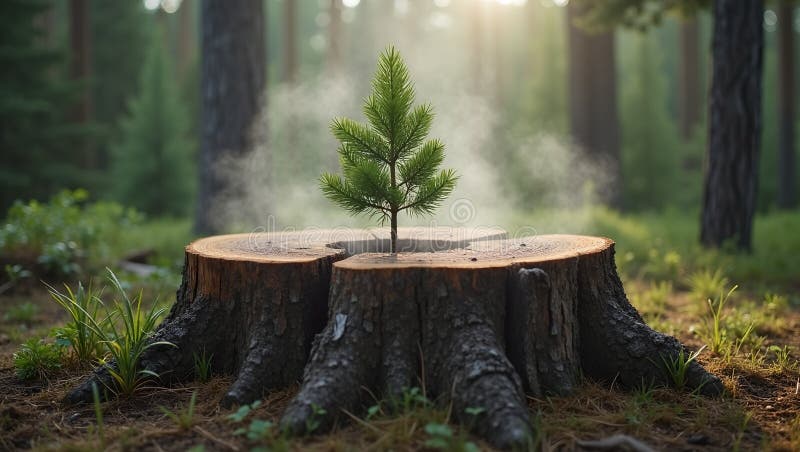 Symbol of Resilience Small Pine Sapling Growing from Split Tree Stump ...