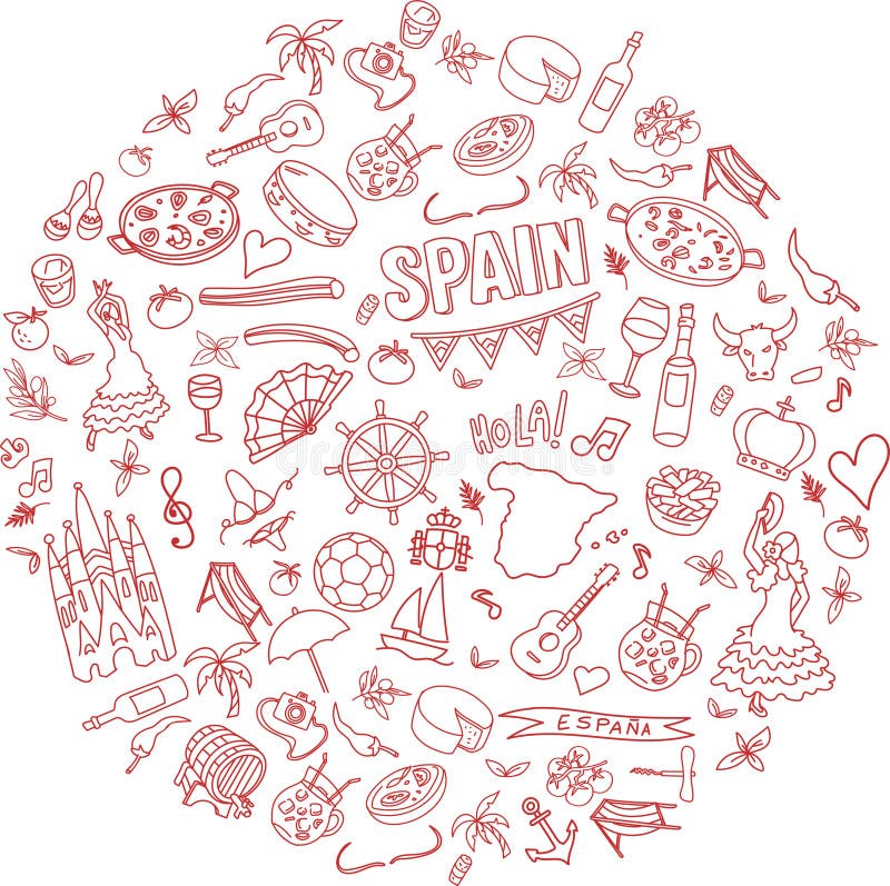 Symbol of Spain Inside a Circle Shape Element Doodle Art Illustration ...