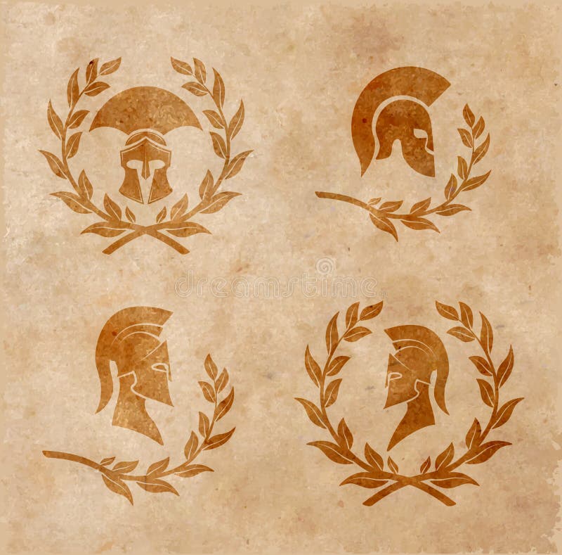 Symbol the Spartan Helmet in a Laurel Wreath on Texture of Old Paper ...