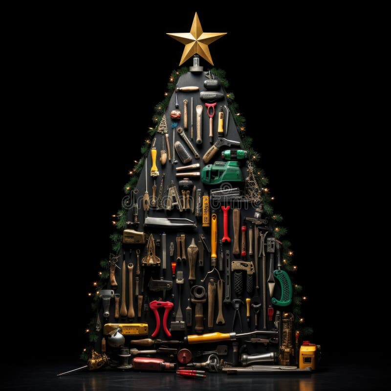 A Symbolic Christmas Tree Made of Construction Tools on a Black ...