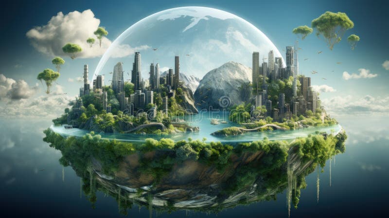 Symbolic 3D Image of the Globe with Elements of Human Activity and Nature Landscape. Eliminate ...