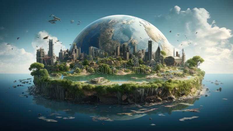 Symbolic 3D Image of the Globe with Elements of Human Activity and Nature Landscape. Eliminate ...