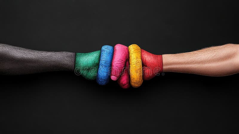 Symbolic Handshake with Colorful Painted Fists on a Dark Background ...