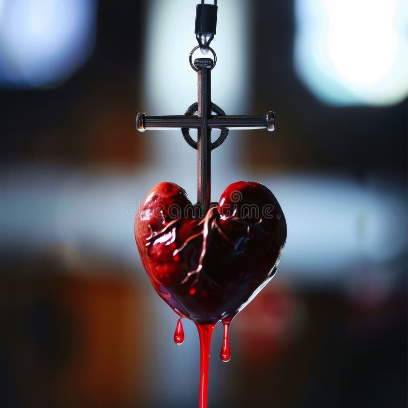 Symbolic Heart with Blood Hanging from a Cross Pendant in a Dimly Lit ...