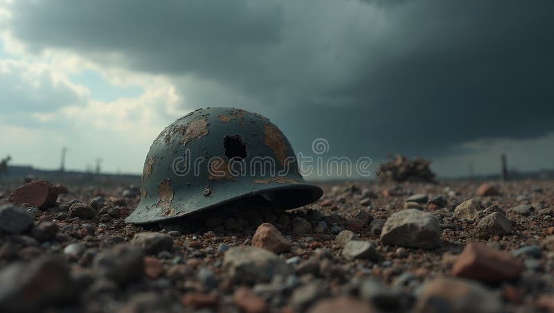 Symbolic Image of Broken Helmet on Rubble Under Storm Clouds Stock ...