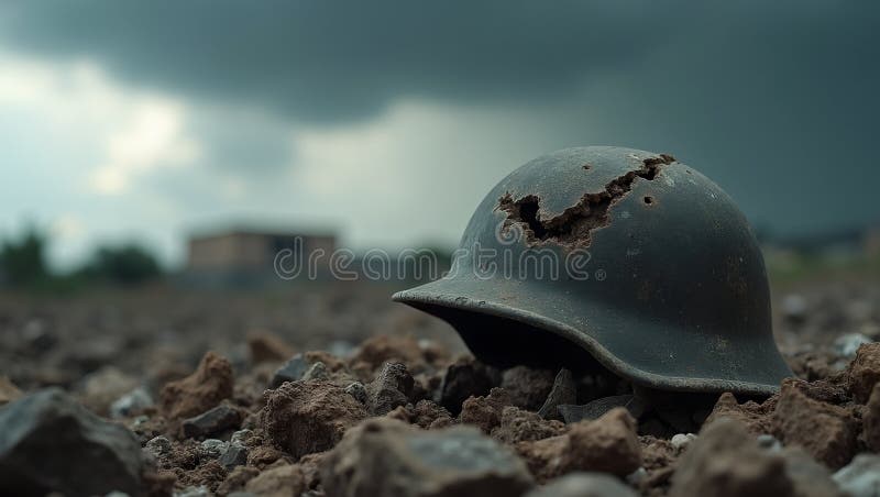 Symbolic Image of Broken Helmet on Rubble Under Storm Clouds Stock ...
