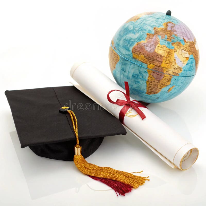 Graduation Cap, Diploma, and Globe Isolated Stock Illustration ...
