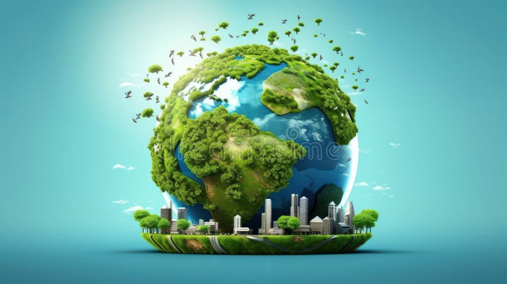 Symbolic Image of the Globe with Elements of Human Activity and Nature. Environment, Save Clean ...