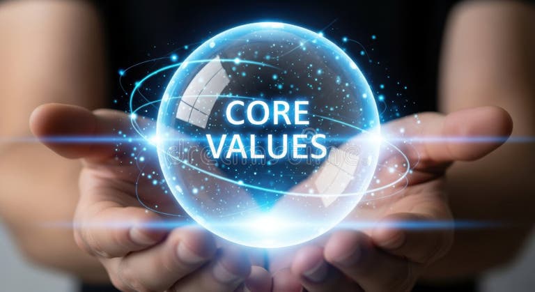 Hands Holding Glowing Sphere Displaying Core Values Digitally with ...