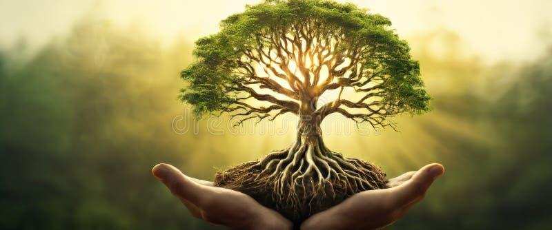 Hands Holding a Growing Tree with Roots Exposed Stock Photo - Image of ...
