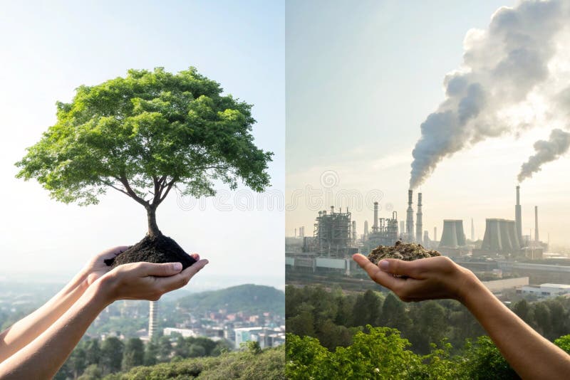 Tree in Two Hands with Very Different Environments - Earth Day Concept ...