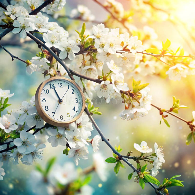 White Flowering Tree Branches Around Summer Time Clock in Idyllic ...