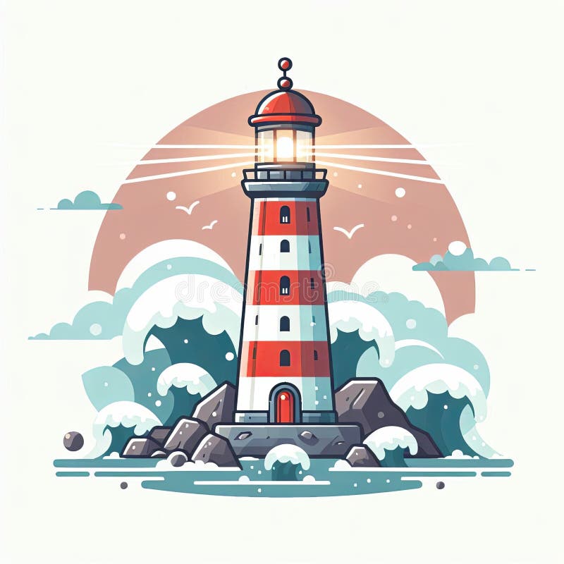 Symbolic Lighthouse in the Sea Stock Illustration - Illustration of ...