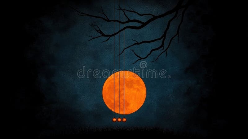 Symbolic Orange Moon with Strings Dark Mystical Background Abstract Art ...