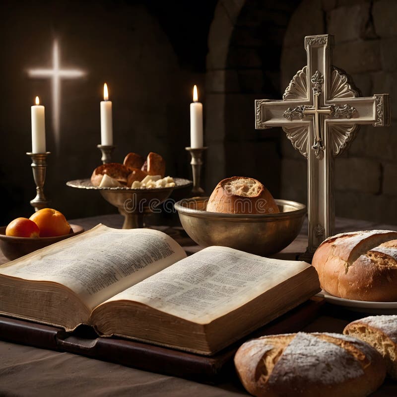 Symbolic Communion Setup with Cross, Bread, Wine, and an Open Bible ...
