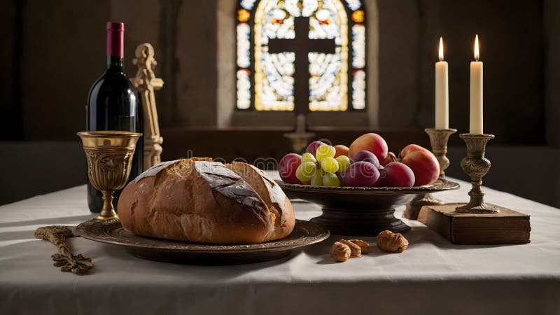 Sacred Communion Elements Featuring a Cross, Bread, Wine, and Bible on ...