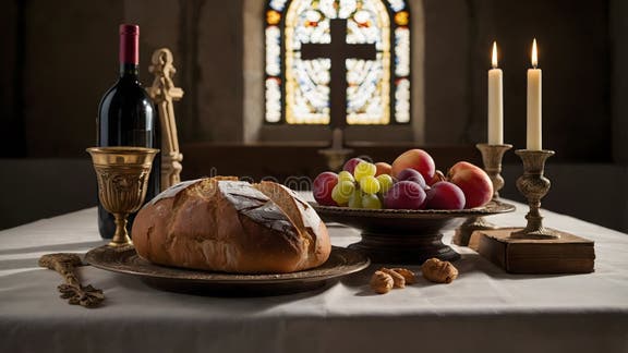Sacred Communion Elements Featuring a Cross, Bread, Wine, and Bible on ...