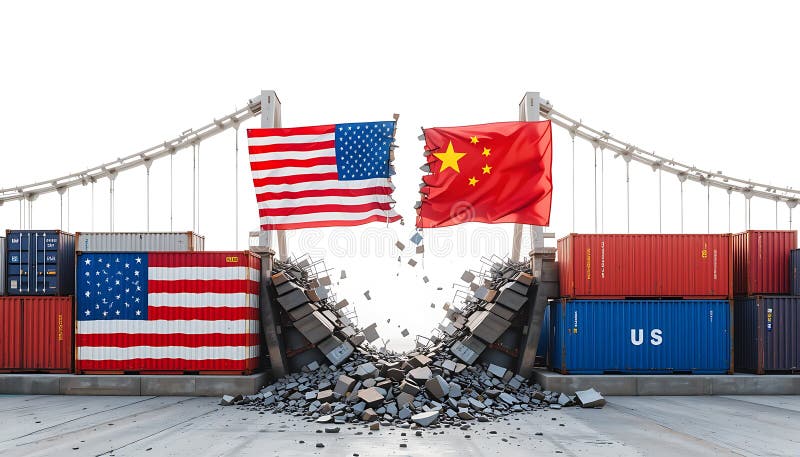 Broken Bridge with Flags Symbolizing Tensions and Trade Barriers ...