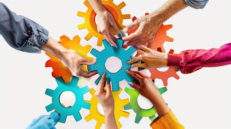 Collaboration and Teamwork: Hands Interlocking Colorful Gears Stock ...