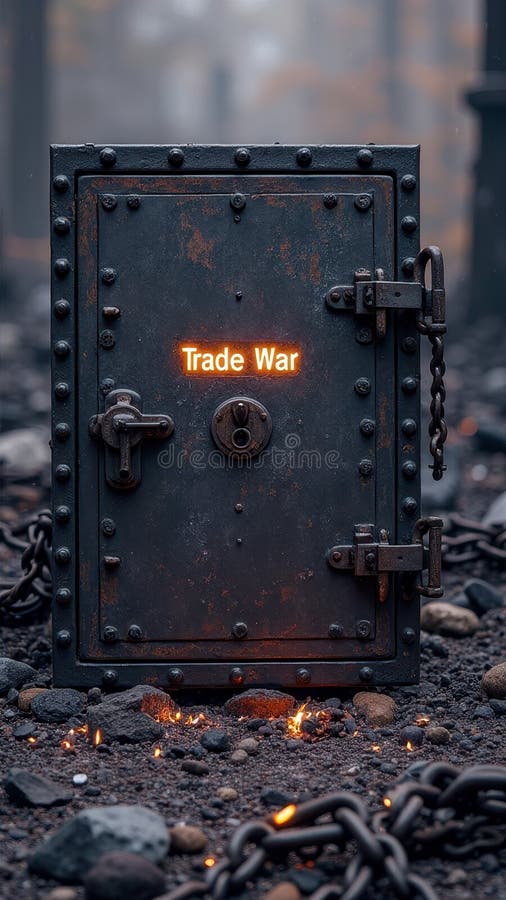 Symbolic Trade War Concept with Locked Iron Safe in Rugged Outdoor ...