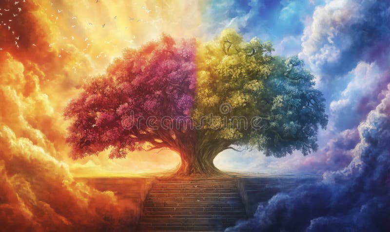 Symbolic Tree of Life Divided by Seasons and Elements, Vibrant Colors ...