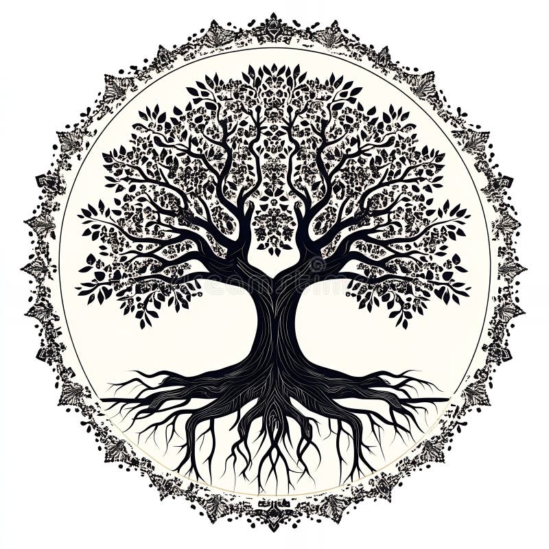 Symbolic Tree of Life Mandala Detailed Black and White Illustration ...