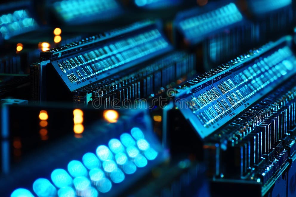 Components of Computer, Rows of Random Access Memory (RAM) Reflect the Glow of Data Stock ...