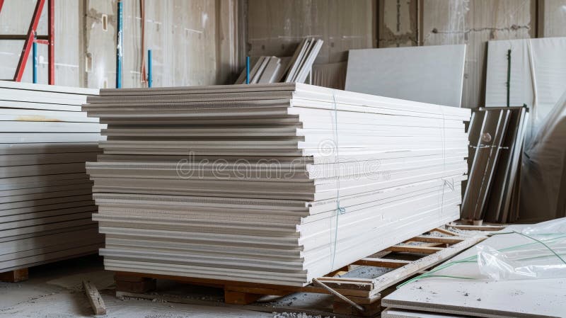 Symbolizing Construction Progress Stacked Drywall Sheets at a Building ...