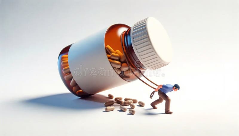 A Small Man Pulls a Giant Pill Bottle with a Cap, from Which Pills ...