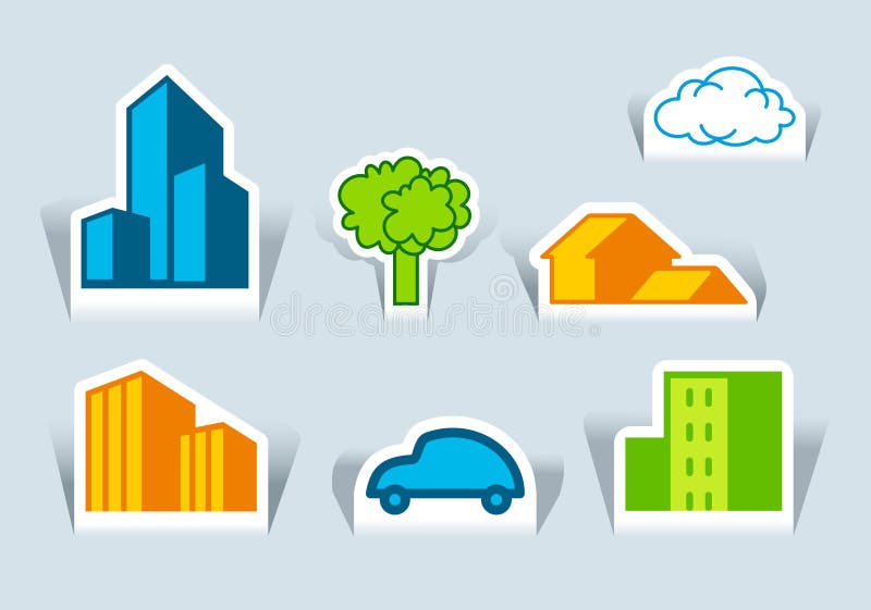 Symbols of Buildings, Tree and the Car Stock Vector - Illustration of ...